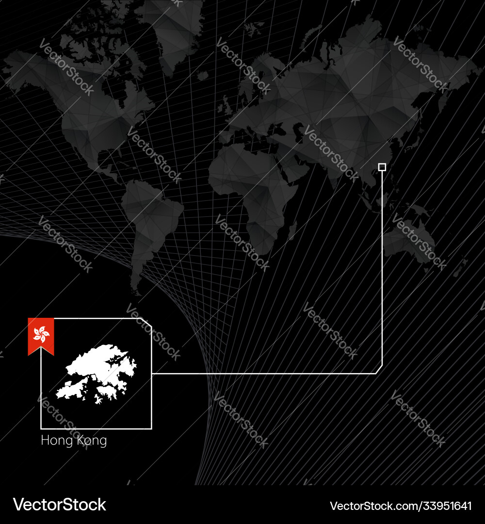Hong kong on black world map map and flag Vector Image
