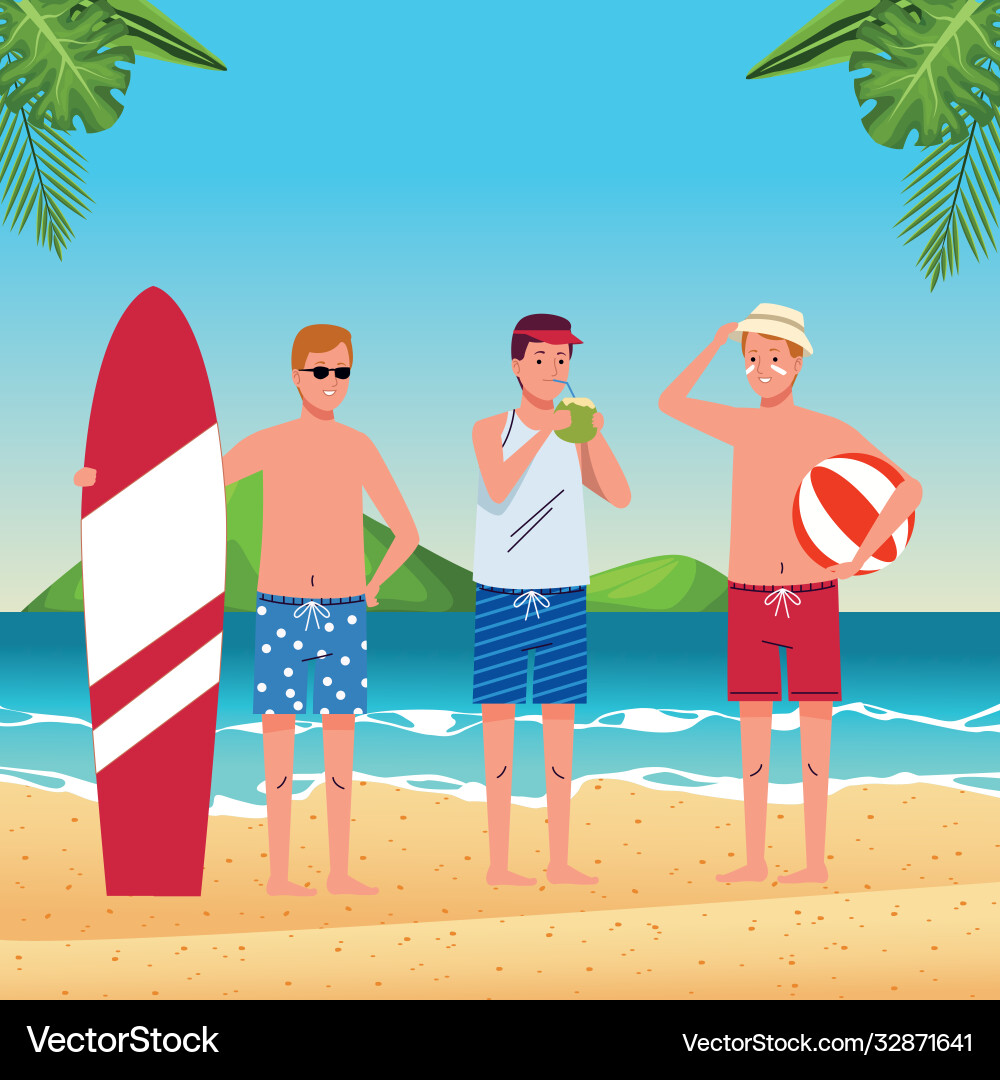 Young men wearing swimsuits on beach Royalty Free Vector