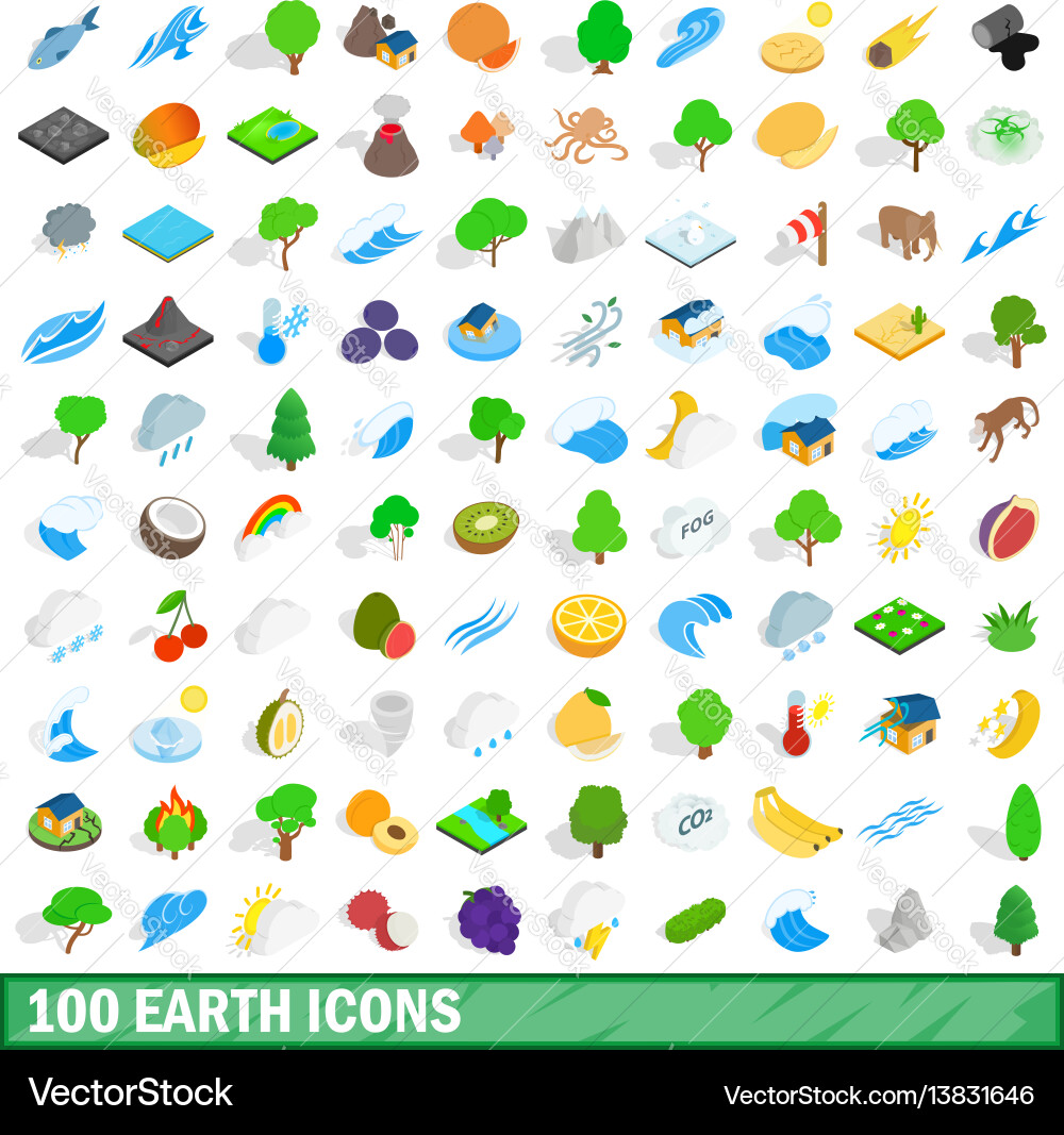 100 earth icons set isometric 3d style Royalty Free Vector
