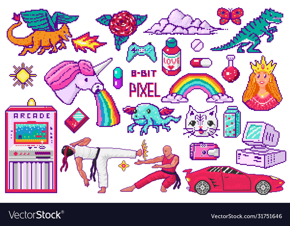 Pixel art 8 bit objects retro digital game assets Vector Image