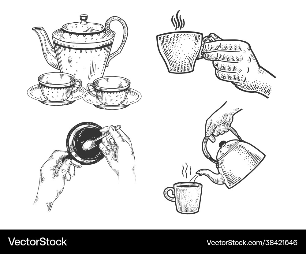 Tea cups and items set line art sketch Royalty Free Vector
