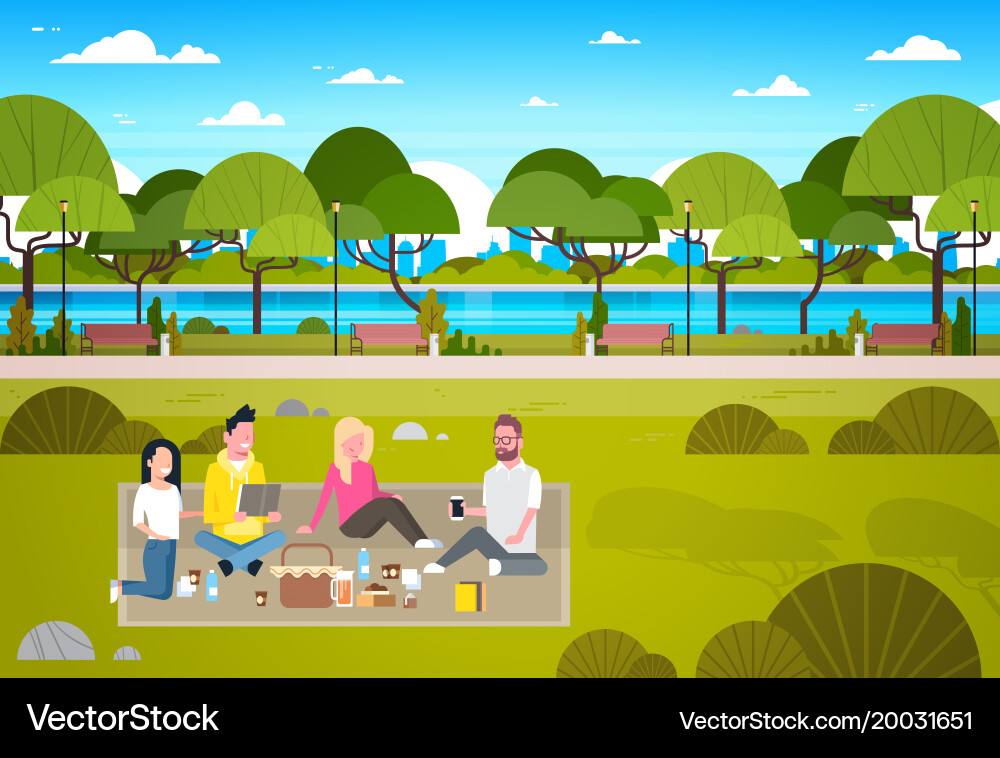 Happy people having picnic in park group young Vector Image