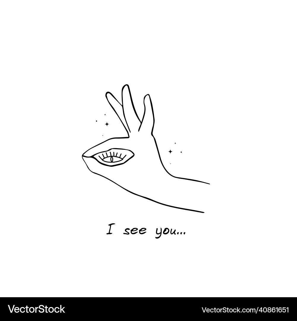 Human eye in hand ok gesture sketch Royalty Free Vector