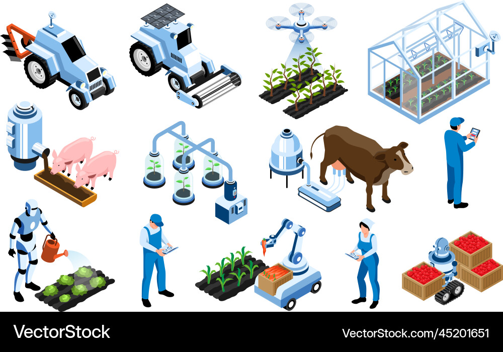 Isometric smart farm agricultural icon set Vector Image