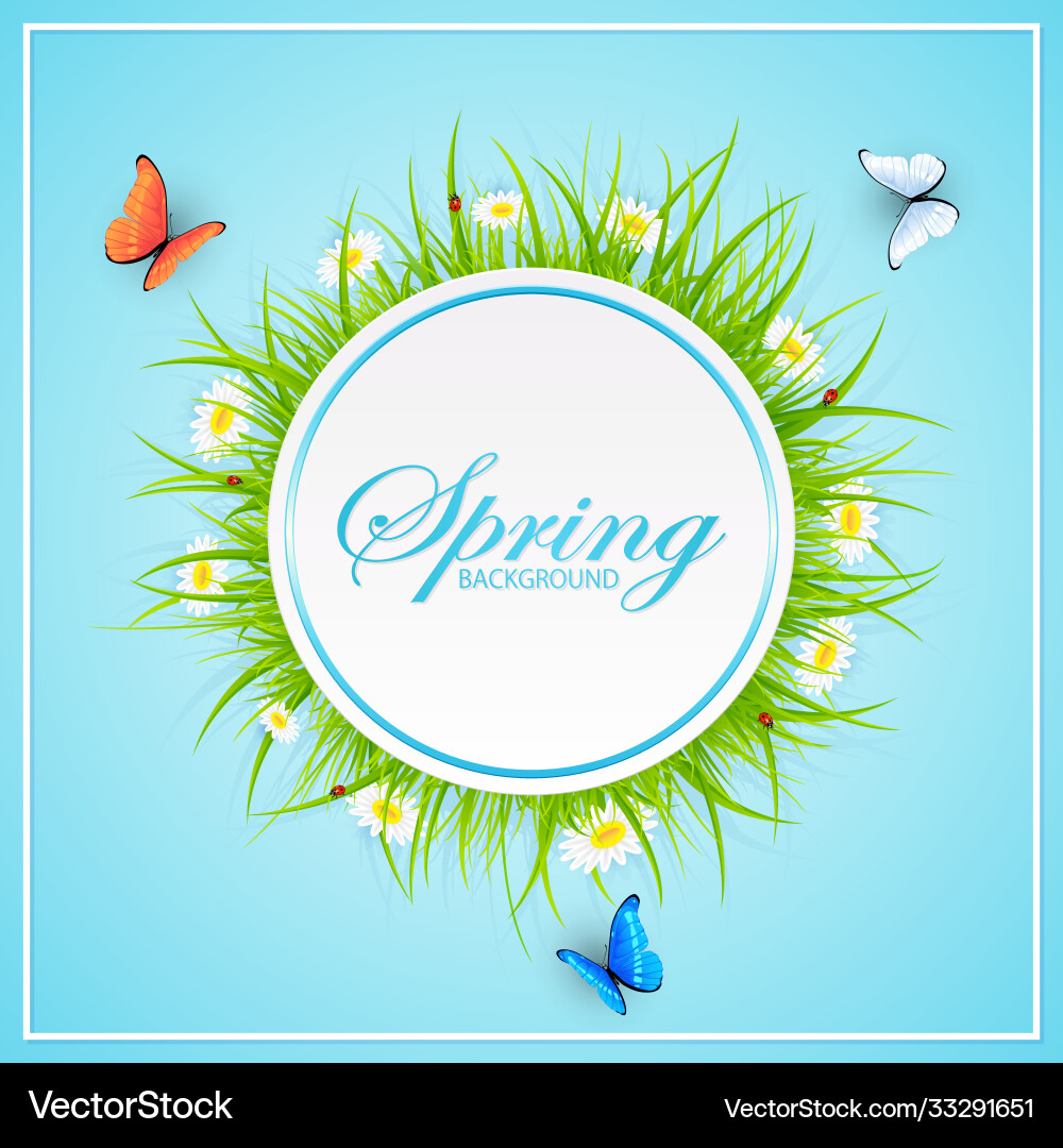 Spring blue background with grass and butterflies Vector Image