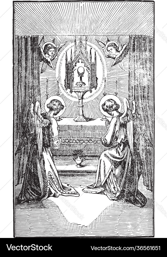 Two angels or cherubs pray to altar with host Vector Image