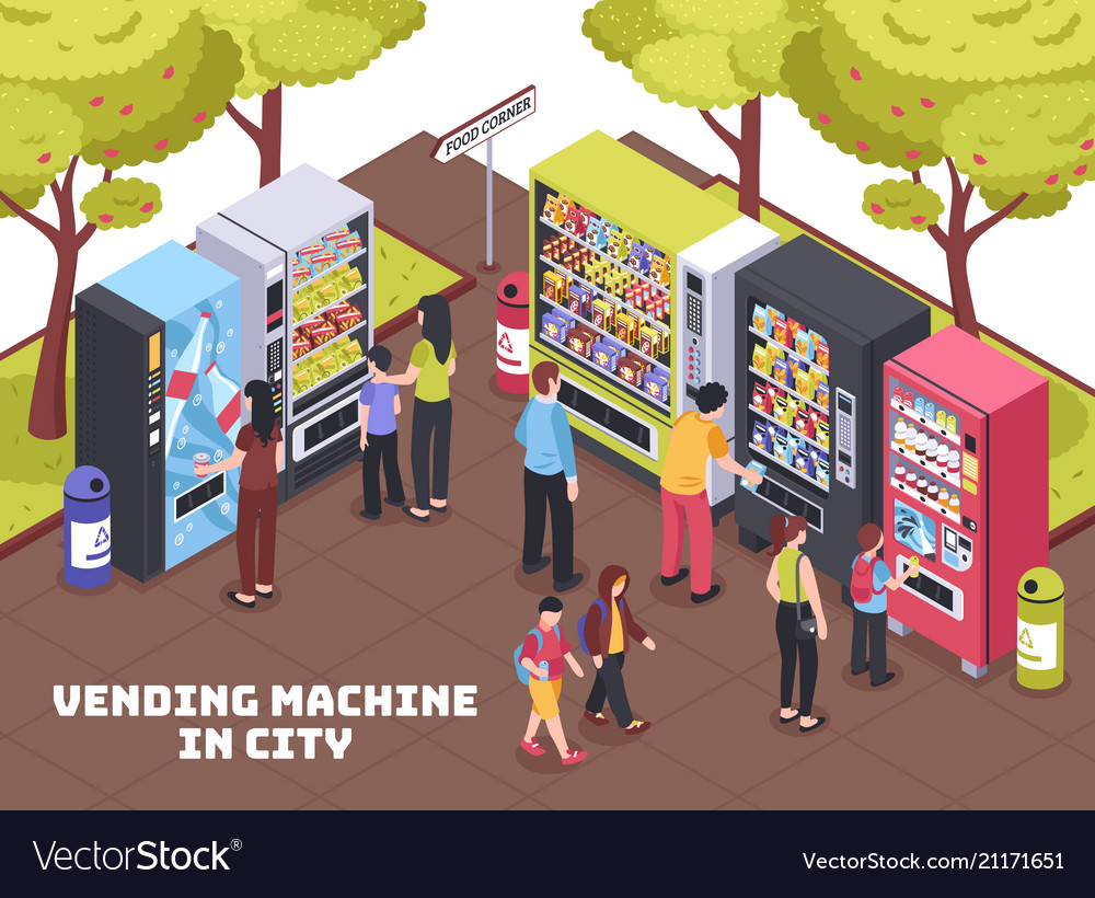 Vending machines isometric composition Royalty Free Vector