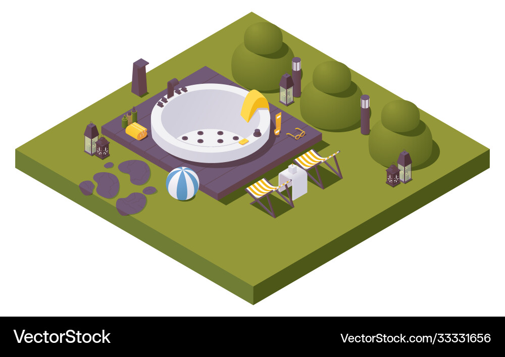 Isometric large outdoor spa pool in backyards Vector Image