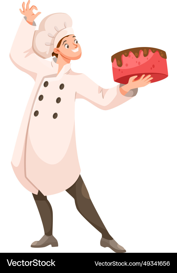 Man chef character in uniform holding cake Vector Image