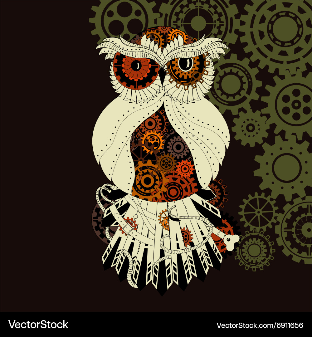 Steampunk outline owl with gear metallic Vector Image