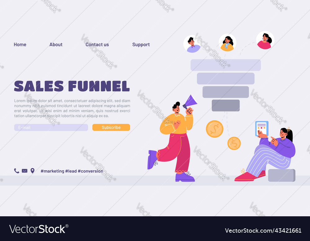 Sales funnel landing page with business characters
