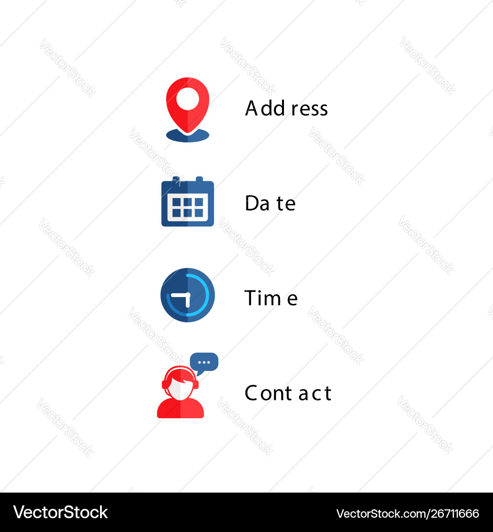 Address date time contact icons Royalty Free Vector Image