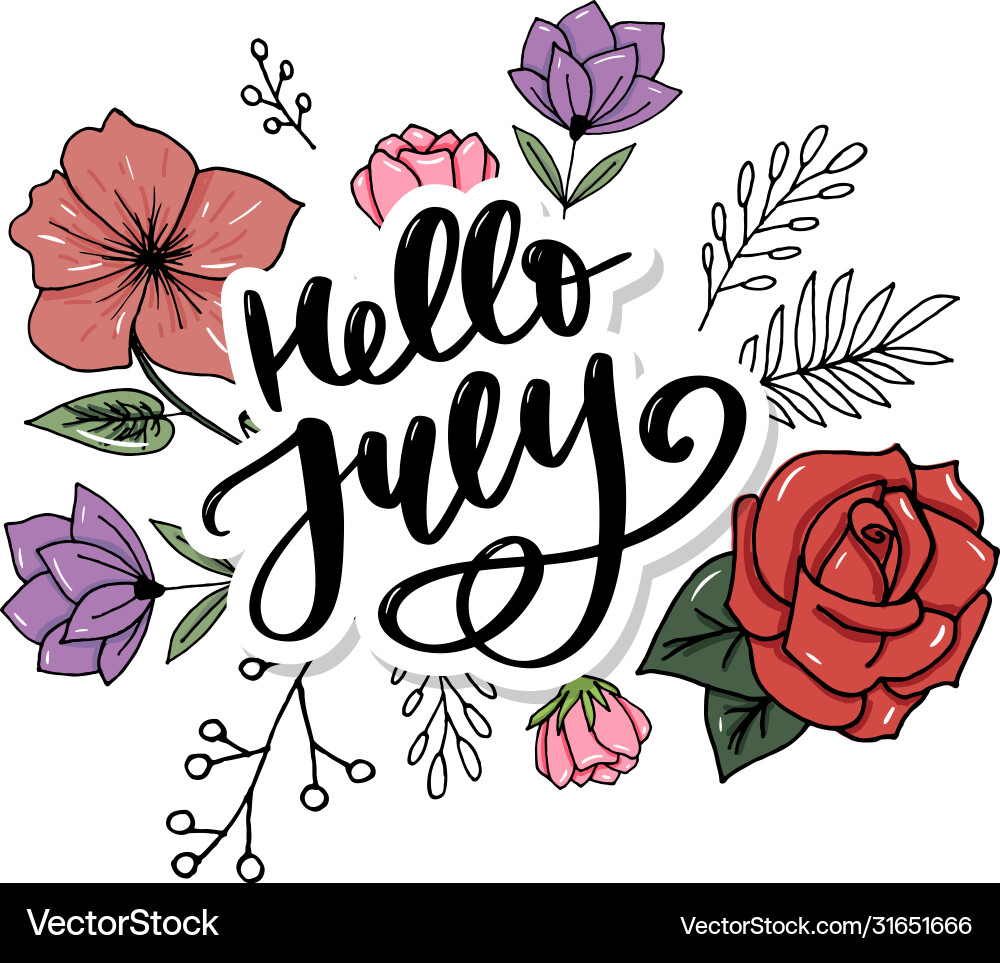 Hello july lettering print summer minimalistic Vector Image