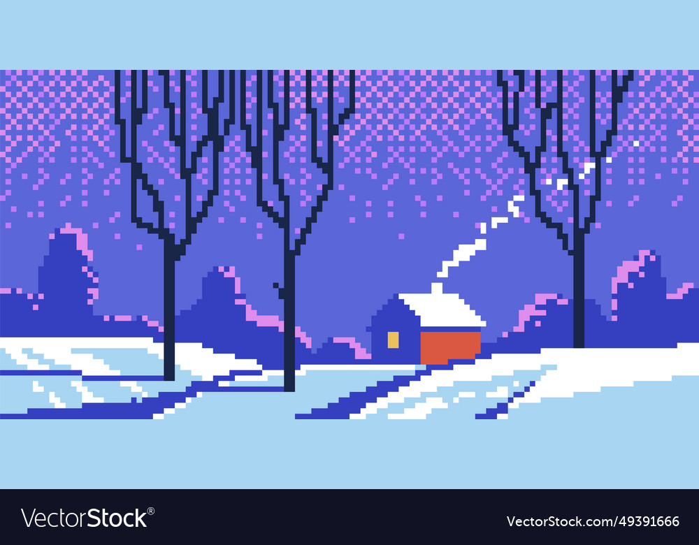 Winter scenery with cabin pixel art cartoon Vector Image