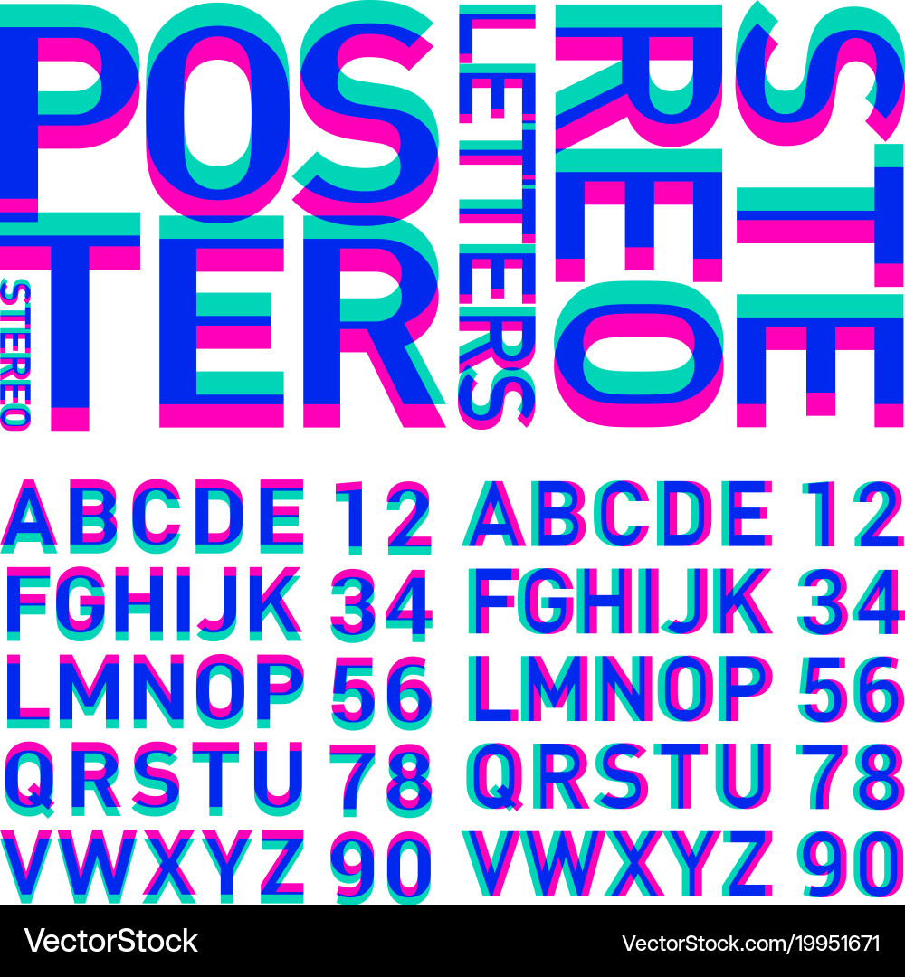 Stereo alphabet stereoscopic letters and numbers Vector Image