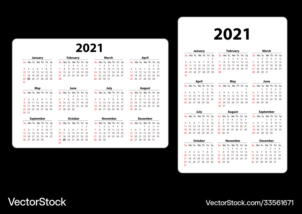 Two pocket calendar on 2021 year horizontal and Vector Image