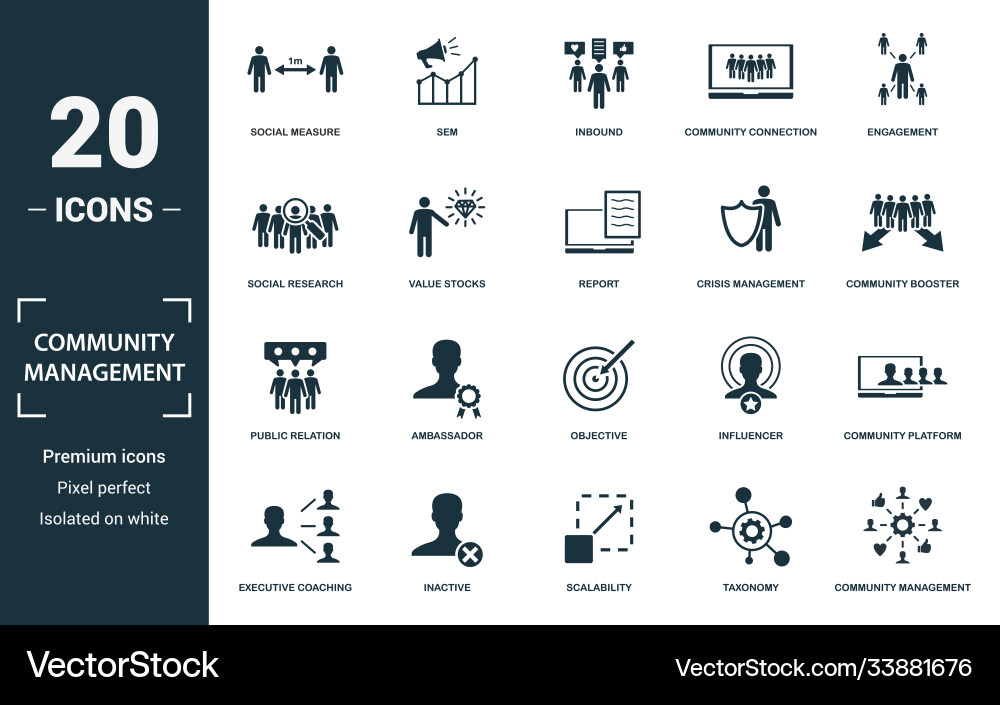 Community management icon set monochrome sign Vector Image