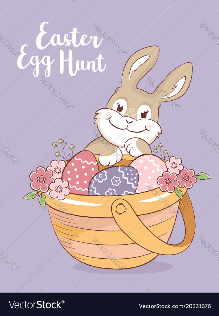 Easter bunny and a basket with eggs flowers Vector Image