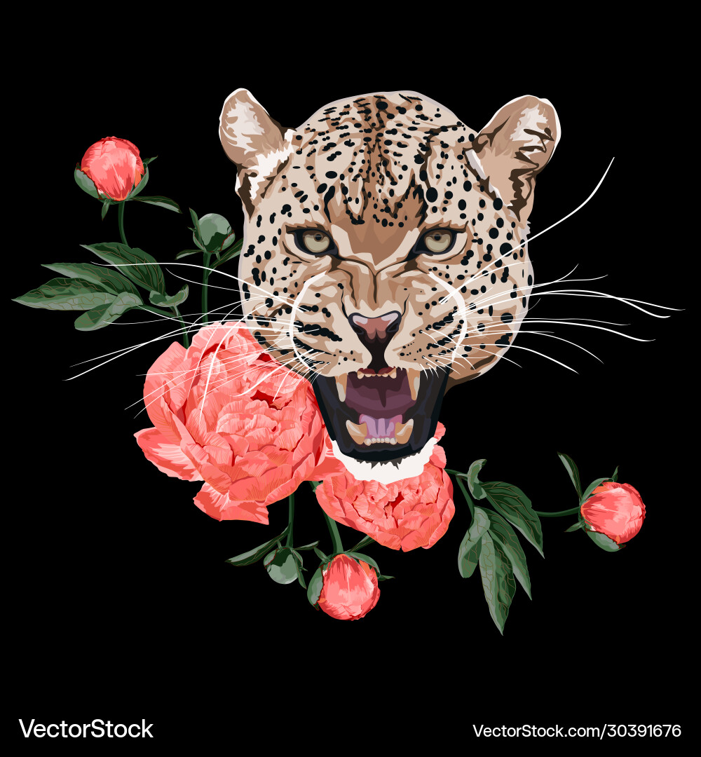 Graceful leopard and coral peony flowers Vector Image