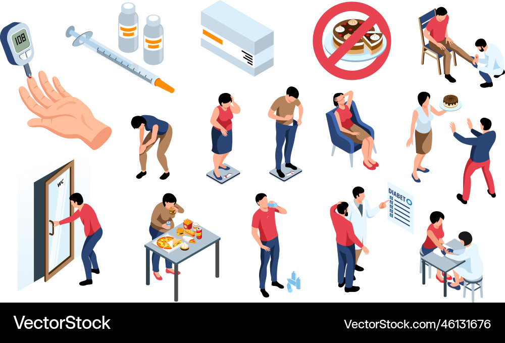 Isometric diabetes icons collection Royalty Free Vector