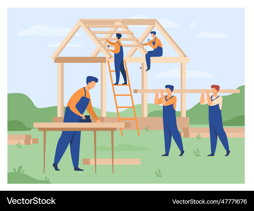 Professional carpenters team building house Vector Image