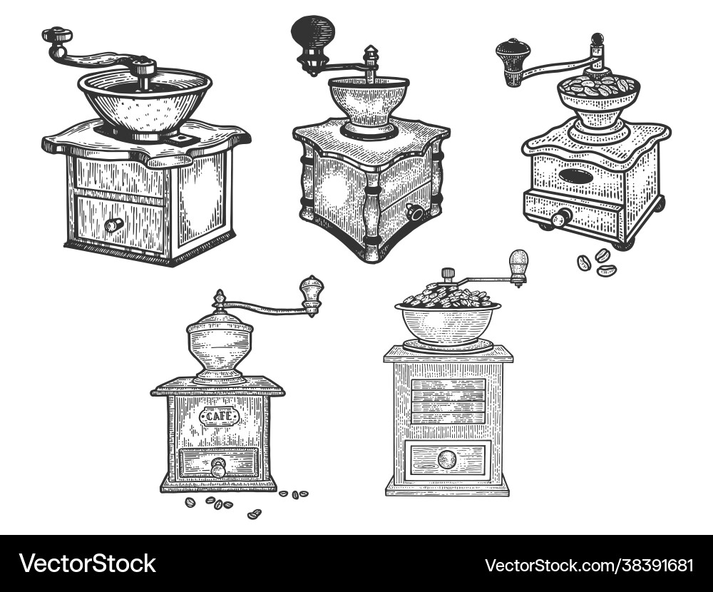 Coffee grinder set line art sketch Royalty Free Vector Image