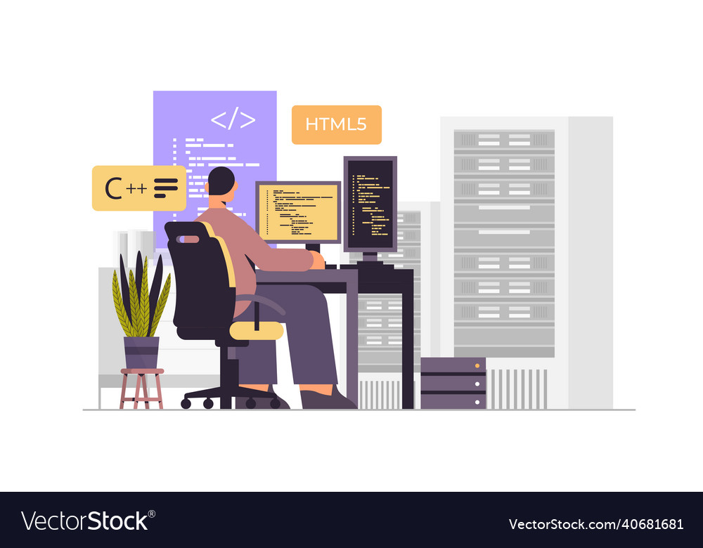 Web Developer Creating Program Code On Computer Vector Image