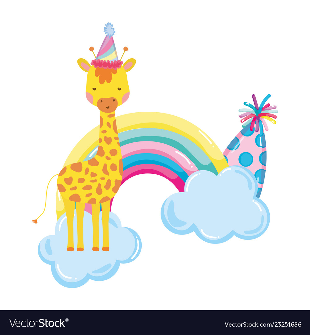 Cute and little giraffe with party hat rainbow Vector Image