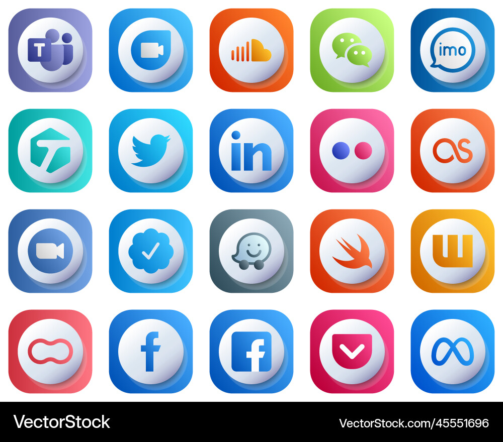 20 cute modern 3d gradient social media icons Vector Image