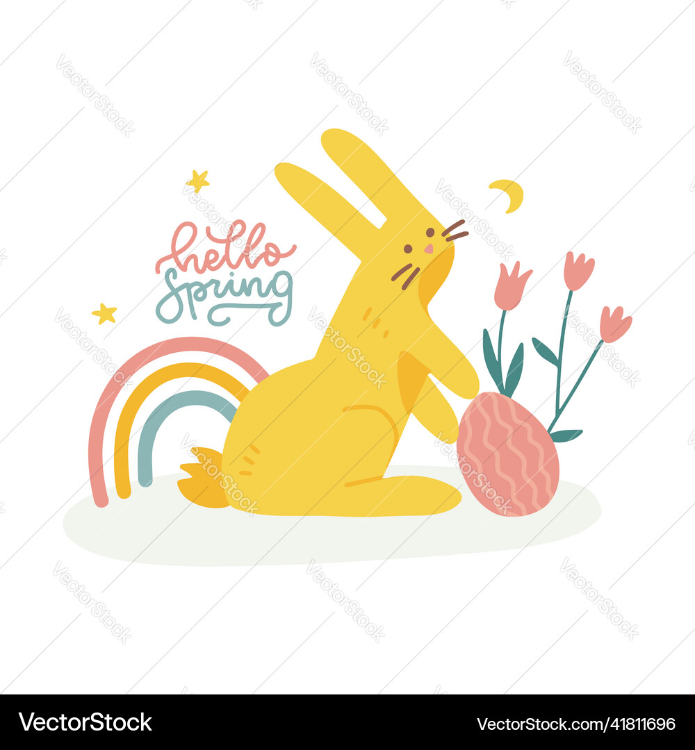 Hello spring lettering card with bunny raibow Vector Image