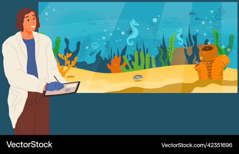 Scientist in aquarium studies underwater world Vector Image