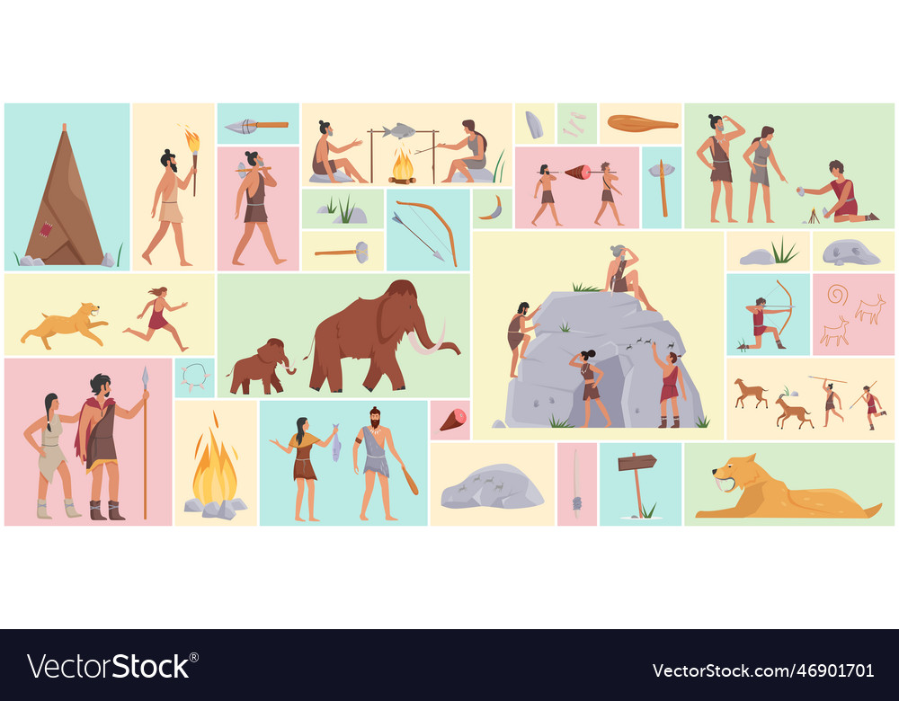 Ancient prehistoric people animals and tools set Vector Image