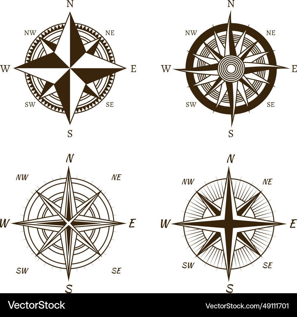 Icons compass wind rose hand drawn west east Vector Image