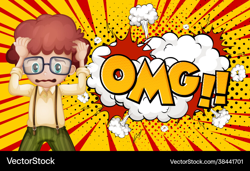 Omg word on explosion background with boy cartoon Vector Image