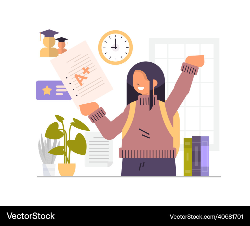 Schoolgirl student holding a plus perfect grade Vector Image