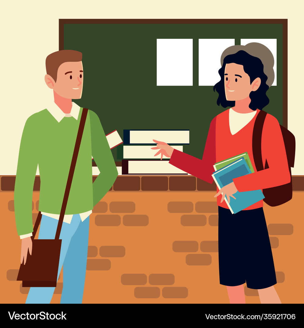 Students male characters talking with books Vector Image