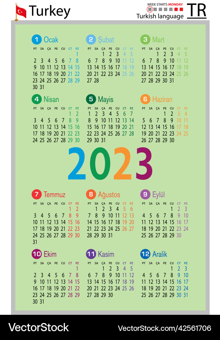 Turkish vertical pocket calendar for 2023 week Vector Image