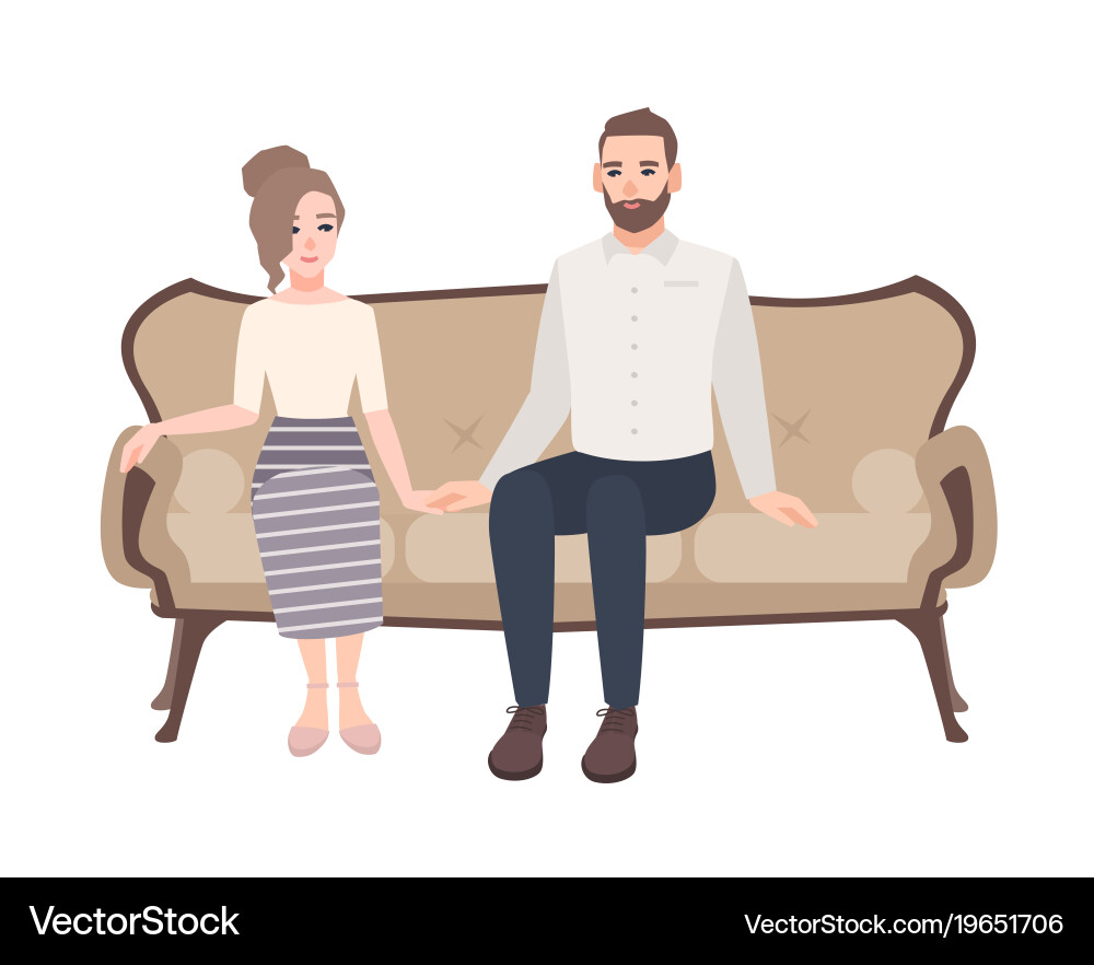 Young couple sitting on elegant sofa holding Vector Image