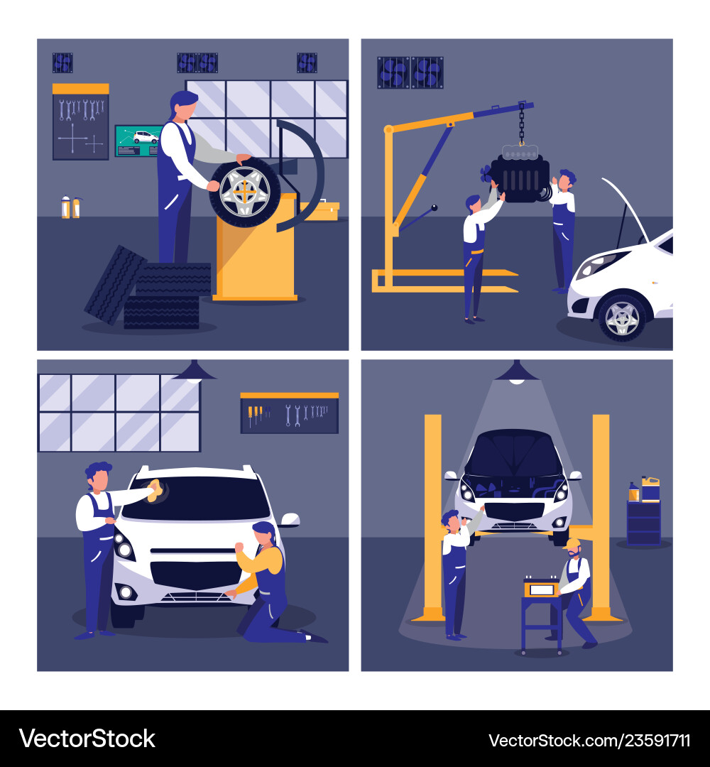 Car in maintenance workshop with mechanics team Vector Image