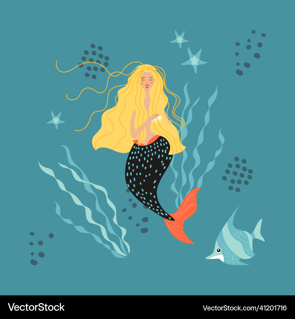 Little mermaid and fish Royalty Free Vector Image