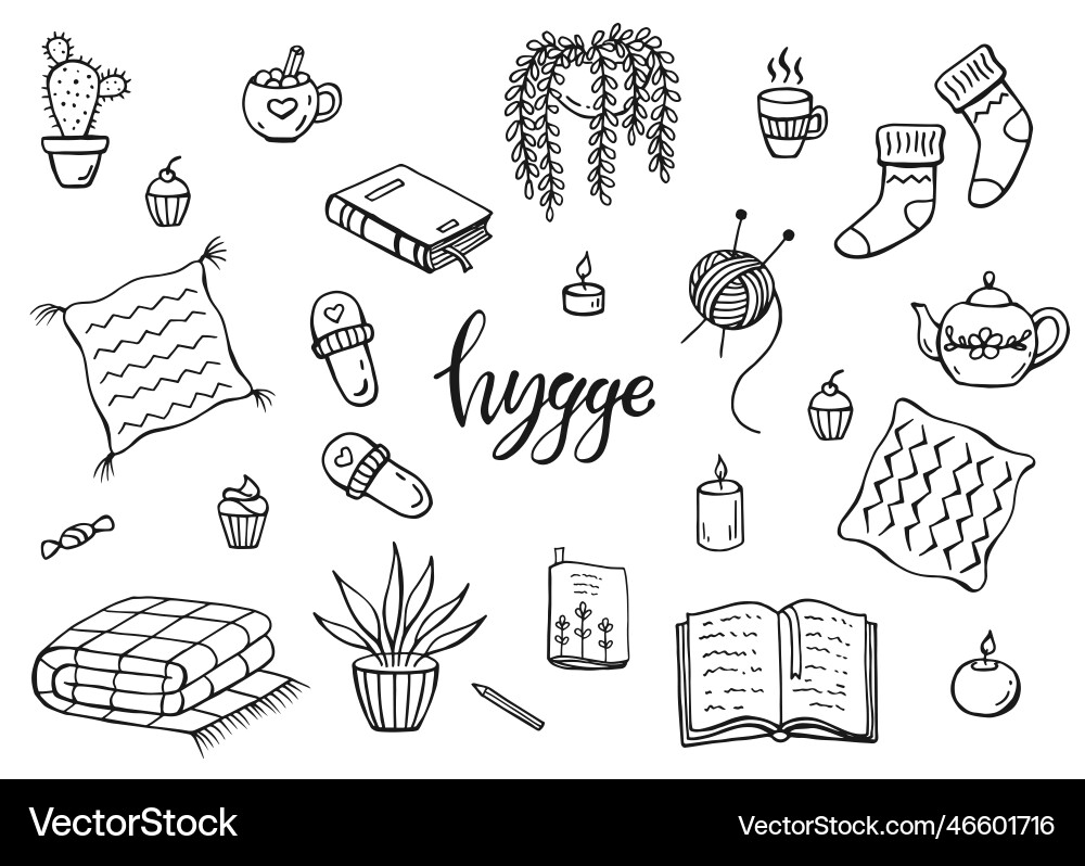 Set of hygge elements hand drawn cozy things Vector Image
