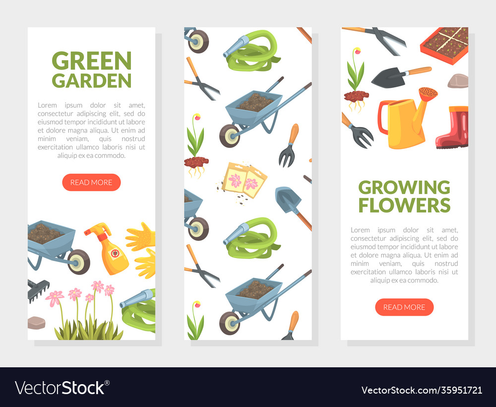 Green garden growing flowers web banners set with Vector Image