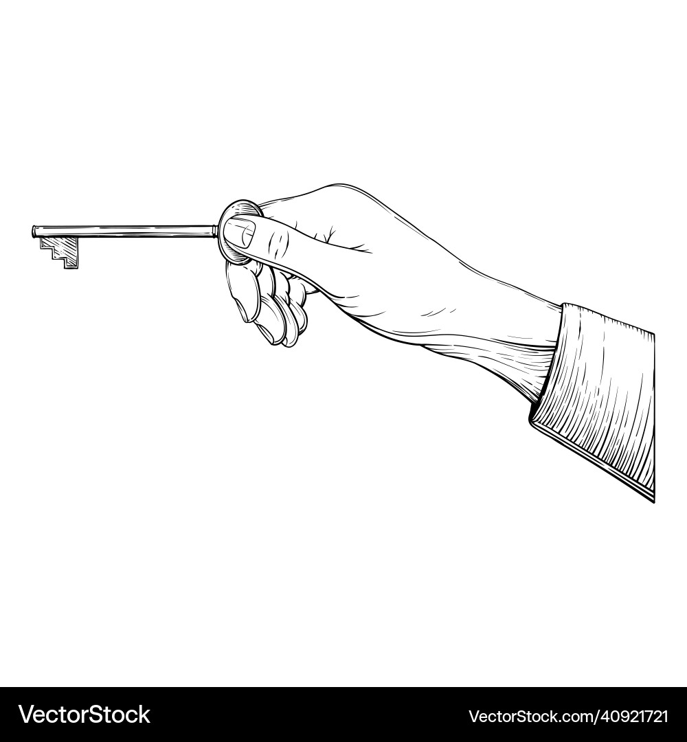 Male hand holding ancient key vintage stylized Vector Image