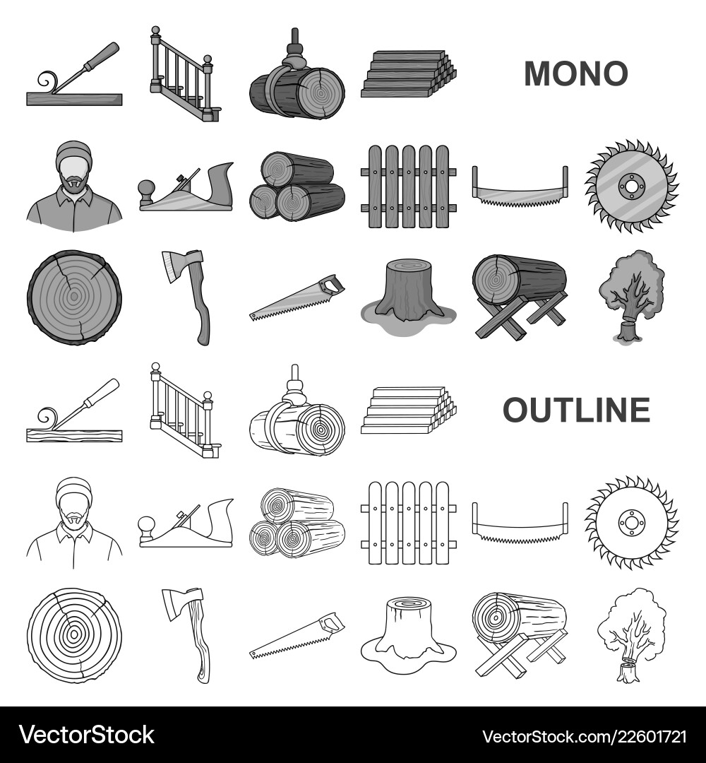Sawmill and timber monochrom icons in set Vector Image