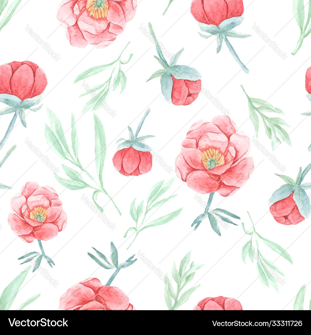 Watercolor hand draw red peony seamless pattern Vector Image