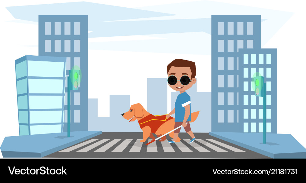 Blind boy crosses road with a guide dog Royalty Free Vector