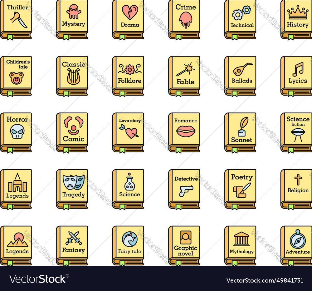 Literary genres book icons set color Royalty Free Vector