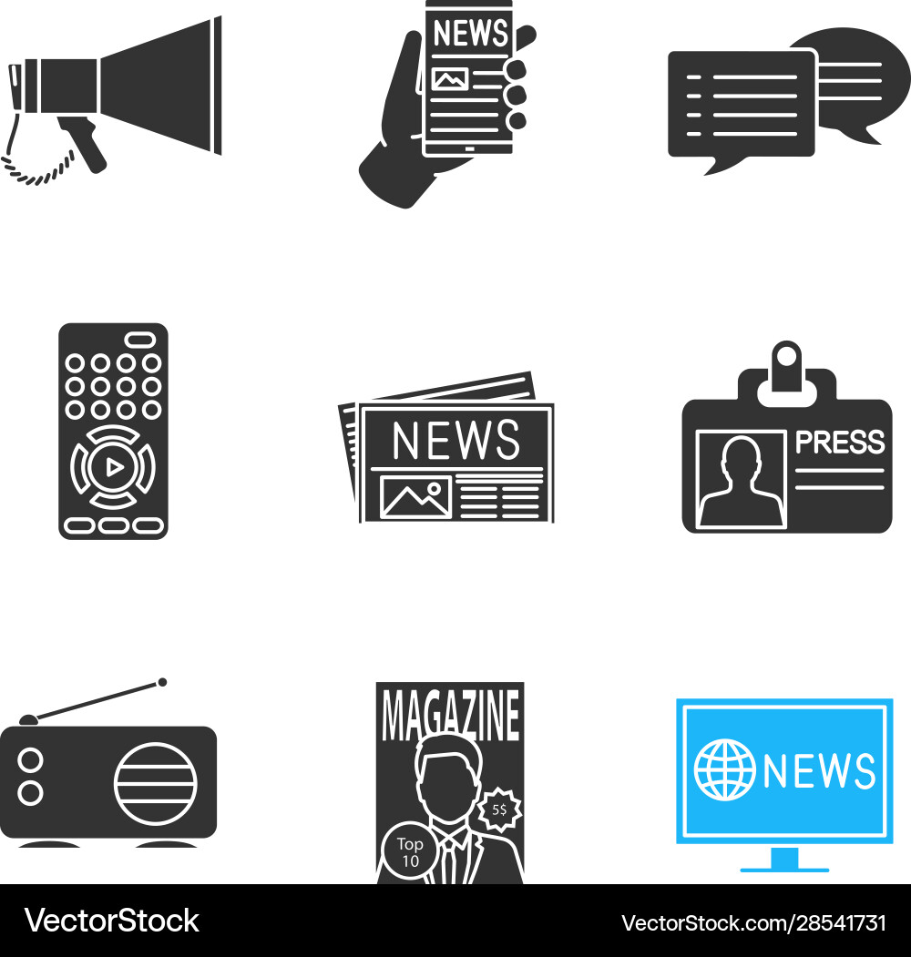 Mass media glyph icons set Royalty Free Vector Image