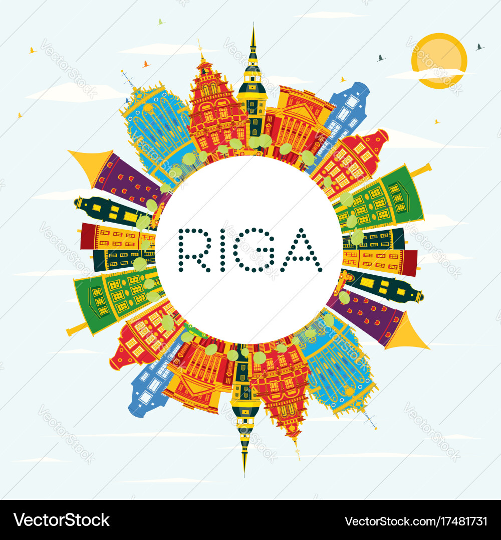 Riga skyline with color buildings blue sky Vector Image