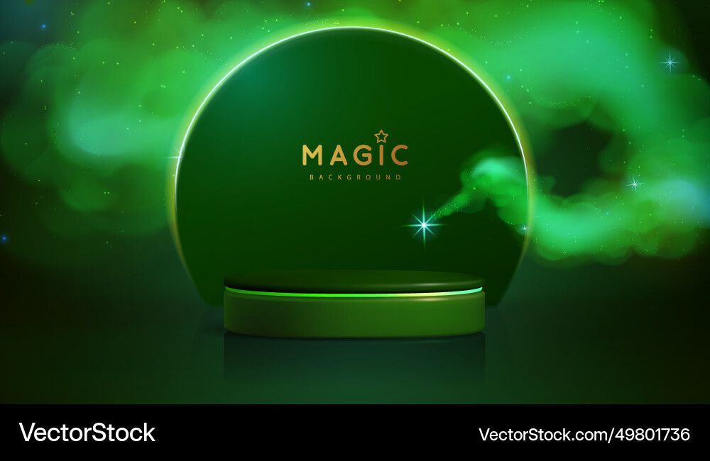 Magic green showcase with 3d podium and steam Vector Image